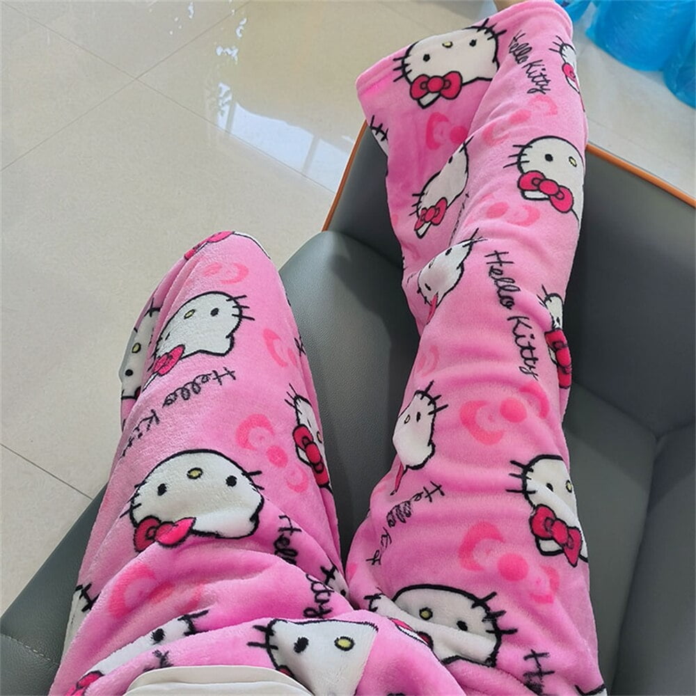 Kawaii Hello Kitty Sanrio Anime Cartoon Coral Fleece Pajama Pants Soft ...