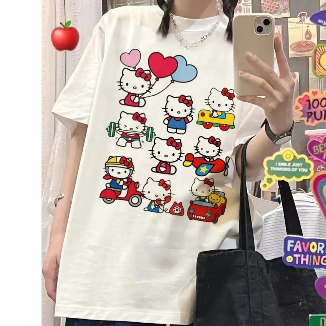 Kawaii Hello Kitty Shirt Y2k Top Women Clothes Cotton Japanese Sanrio ...