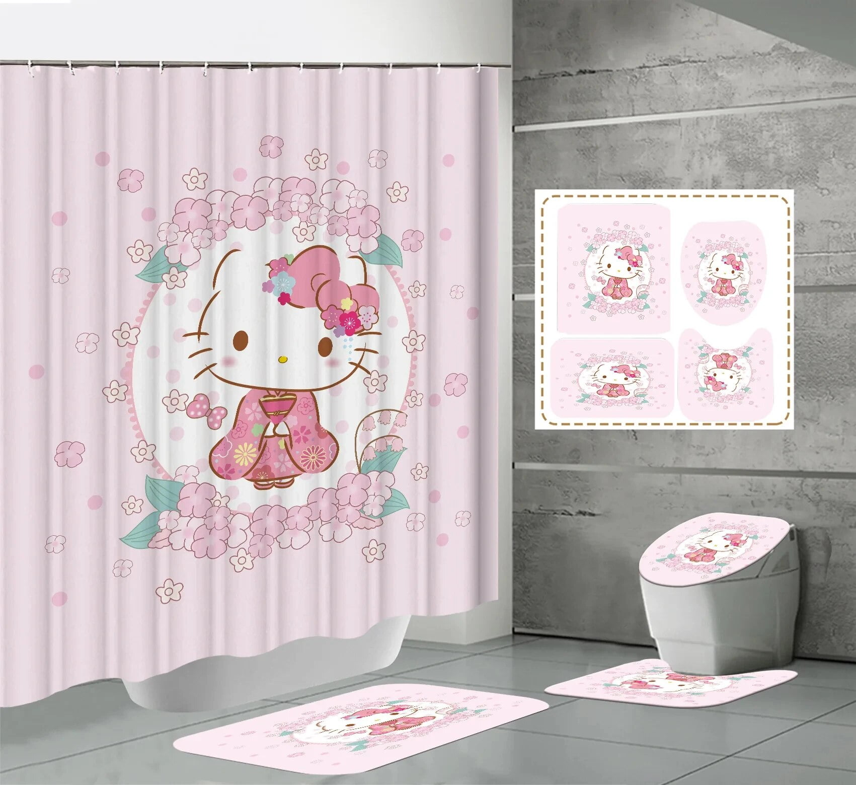Kawaii Hello Kitty Shower Curtain Four Piece Set Sanrio Anime Kit