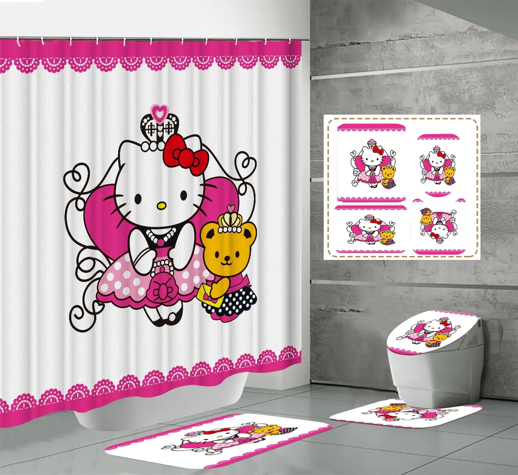 Kawaii Hello Kitty Shower Curtain Four Piece Set Sanrio Anime Kit
