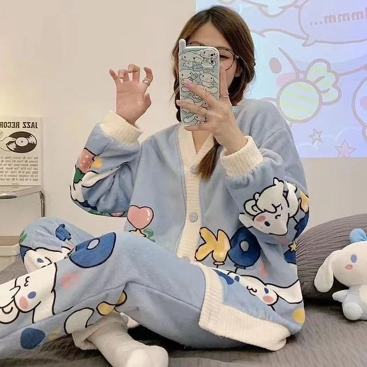 Kawaii Hello Kitty Women Kuromi Winter Warm Flannel Pajamas Thick Coral ...