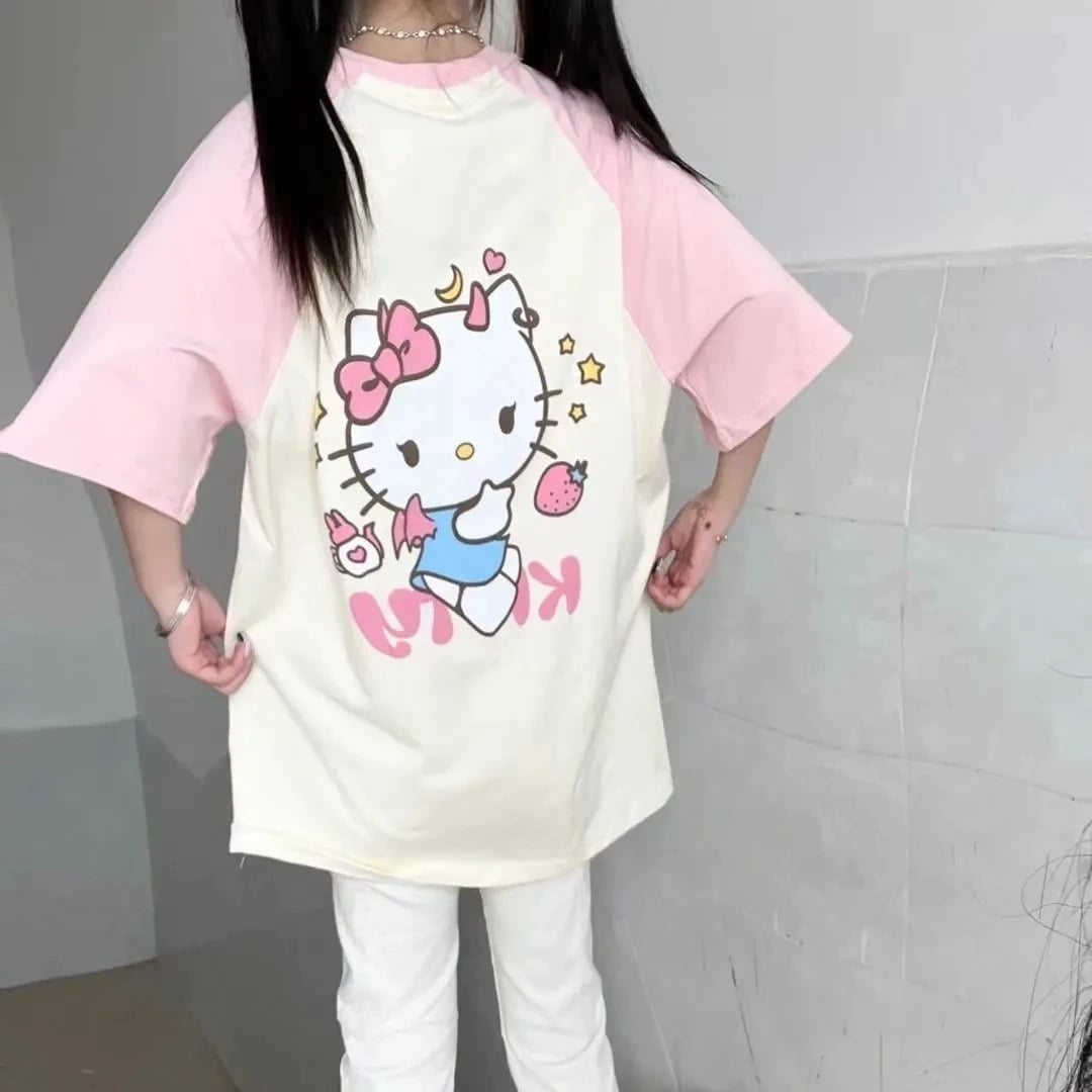 Kawaii Hello Kitty Y2K Shirt Anime Print Women Oversized TShirt Vintage ...