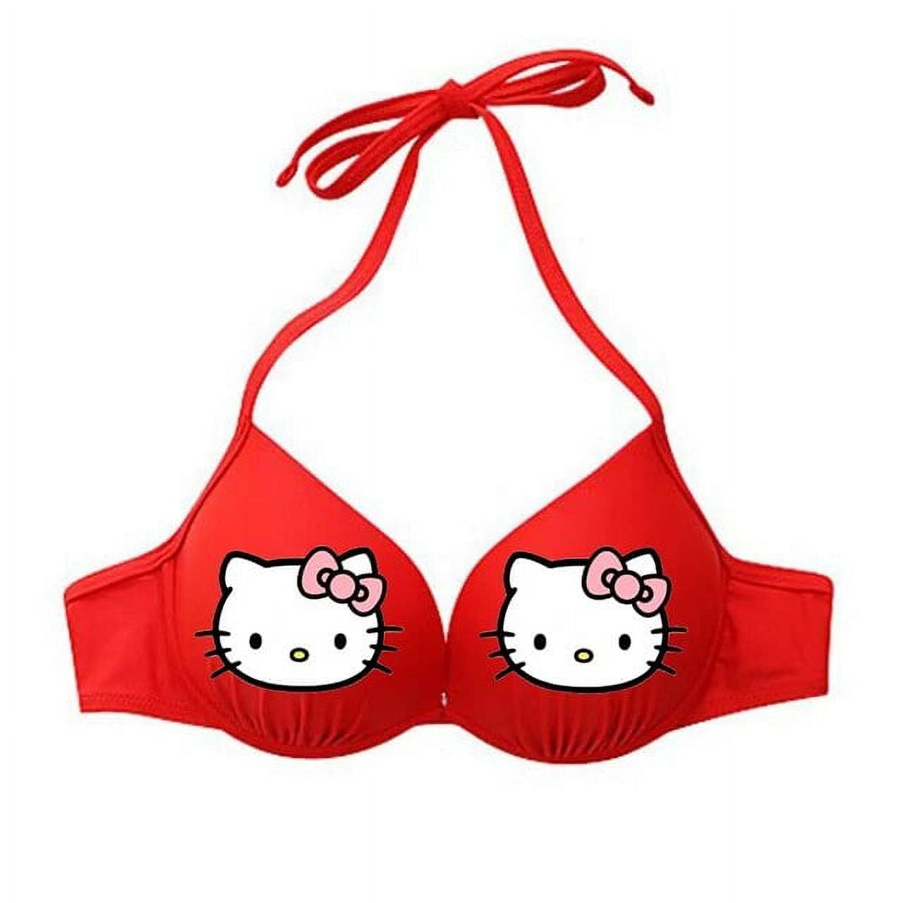 Kawaii Hellokitty Kuromi Girls Bikini One Piece Top Anime Printed Small Chest Push Up Underwire