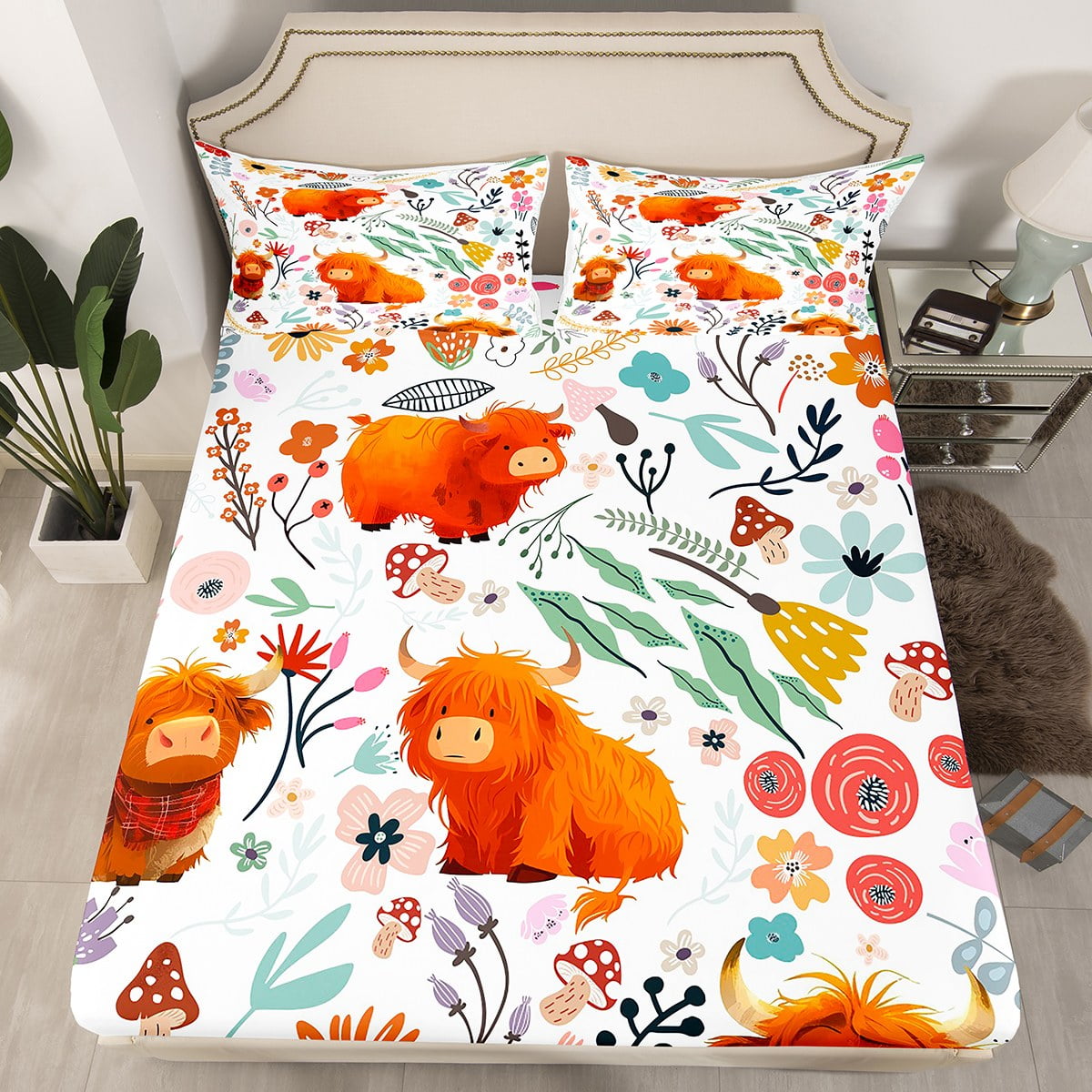 Kawaii Highland Cow Fitted Sheet Mushroom Floral Queen Bed Sheets ...