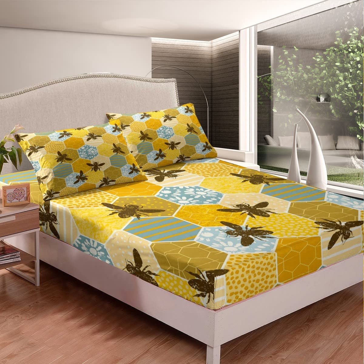 Kawaii Honey Bee Fitted Sheet Twin Size Daisy Flower Bedding Set for ...