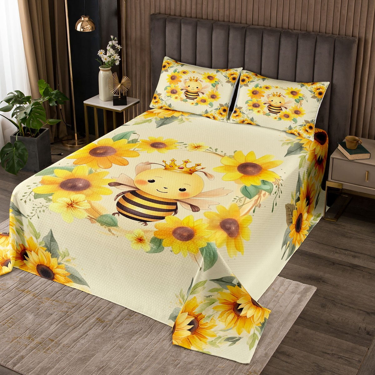 Kawaii Honey Bee Queen Quilt Set Room Decor Chic Sunflower Queen ...