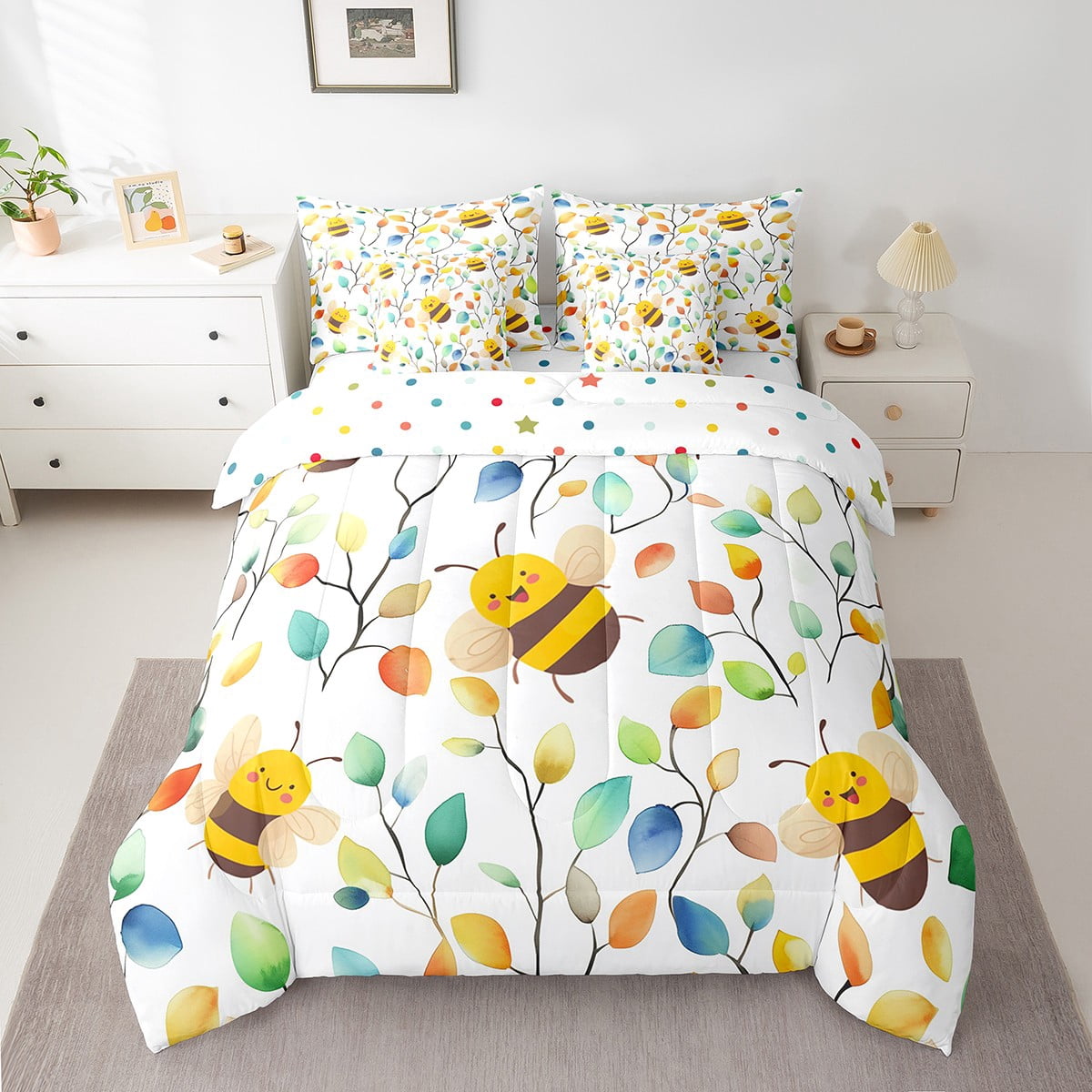 Kawaii Honey Bee Twin Comforter Set 7pcs Chic Elegant Floral Bedding ...