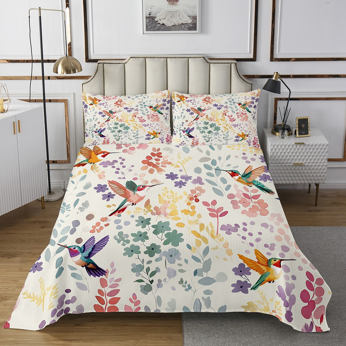 Kawaii Hummingbird Bedding Set Queen Size,Colorful Floral Bird Quilt ...