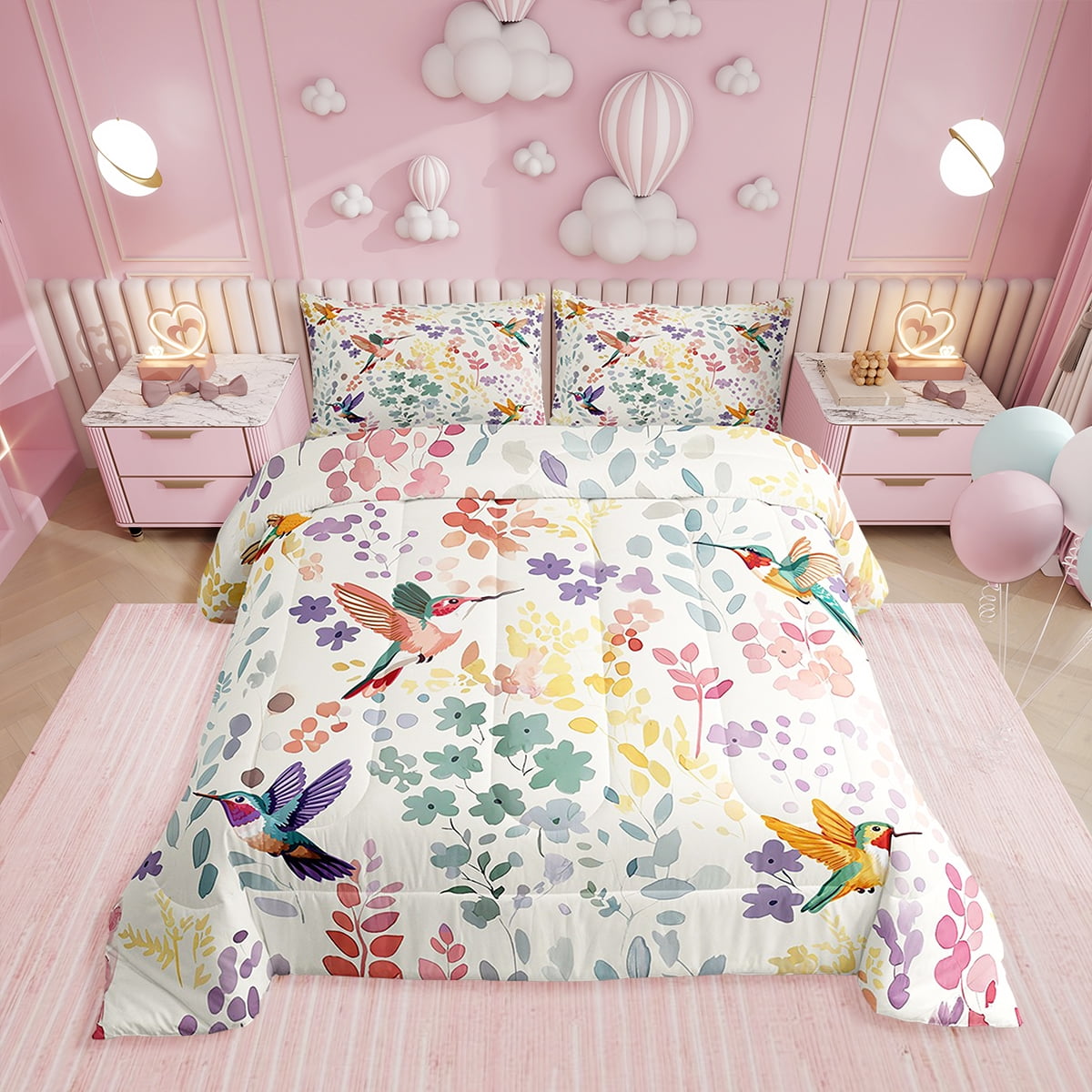 Kawaii Hummingbird Comforter Set Queen Size,Colorful Floral Bird ...