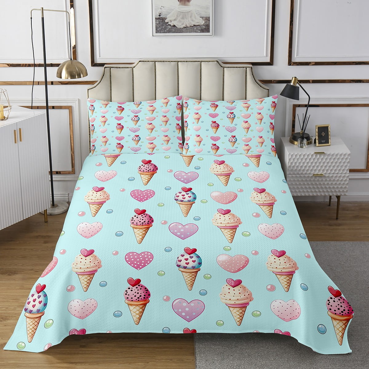 Kawaii Ice Cream Bedspread Twin Size,Cartoon Cream Cones Love Heart ...