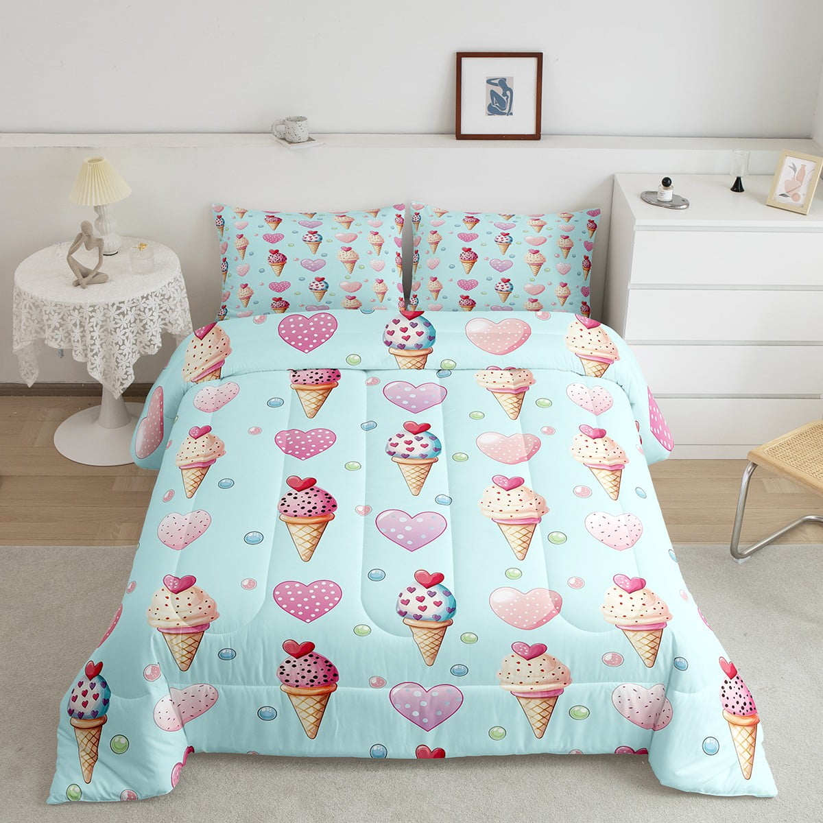 Kawaii Ice Cream Comforter Set Full Size,Cartoon Cream Cones Love Heart ...