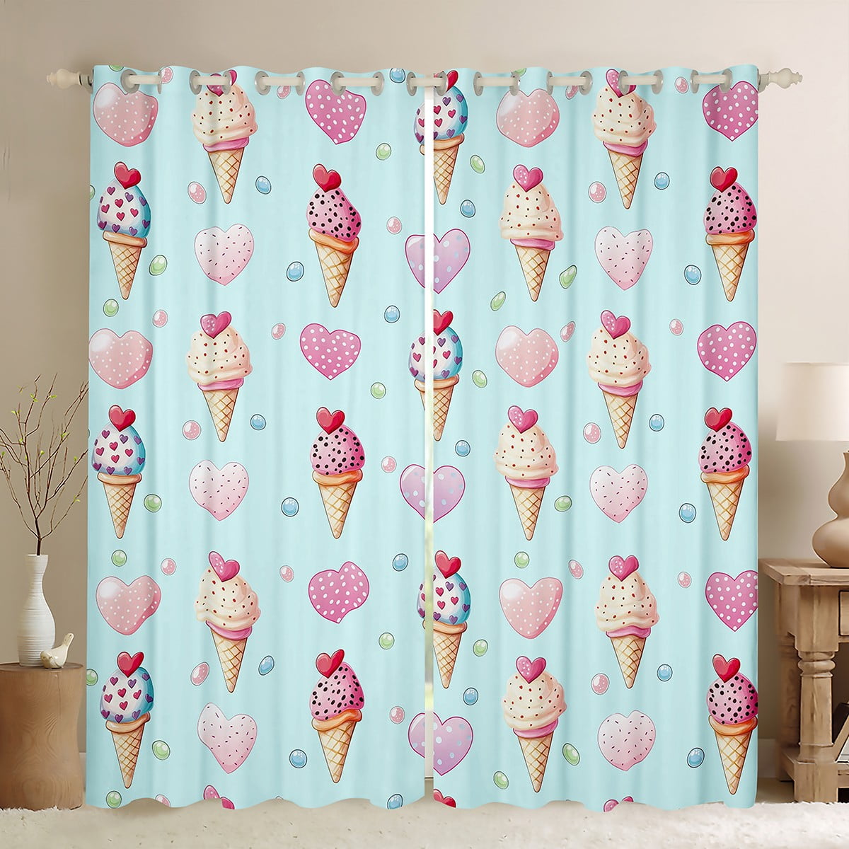 Kawaii Ice Cream Window Curtains,Cartoon Cream Cones Love Heart Dreamy ...