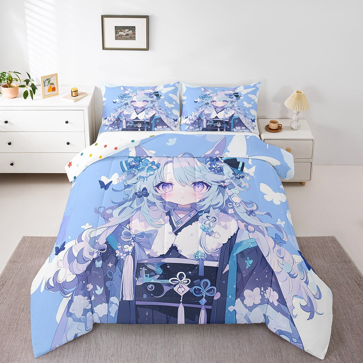 Kawaii Japanese Comforter Set, Anime Bedding in Kimono Japanese Style ...