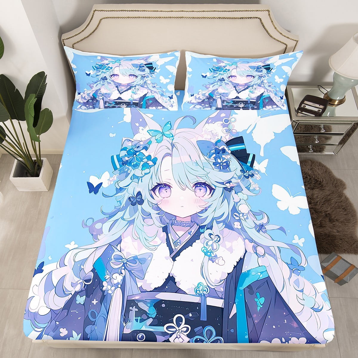 Kawaii Japanese Fitted Sheet Twin, Anime Bedding Set in Kimono Japanese ...