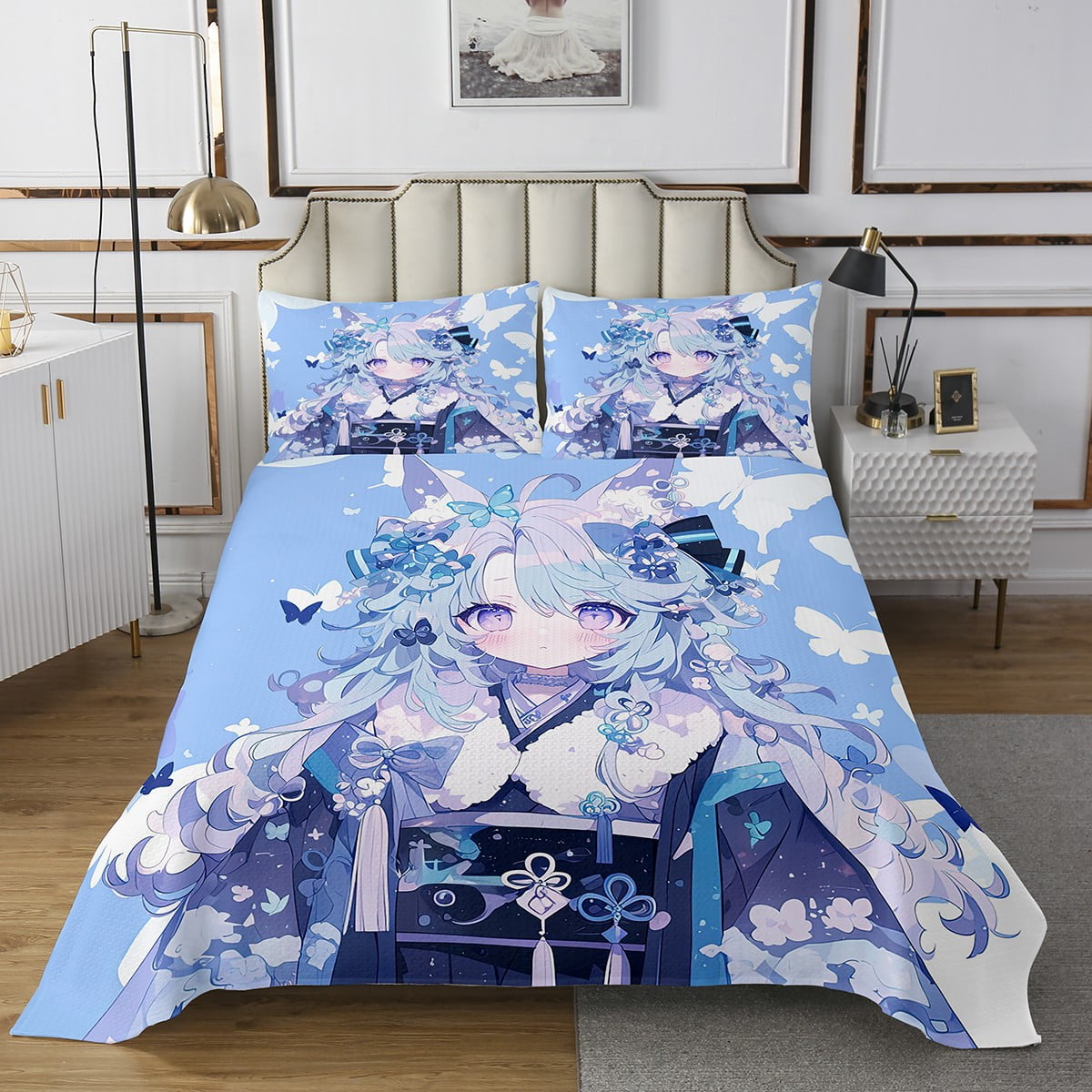 Kawaii Japanese Quilt Set Queen, Anime Bedspread Set In Kimono Japanese ...