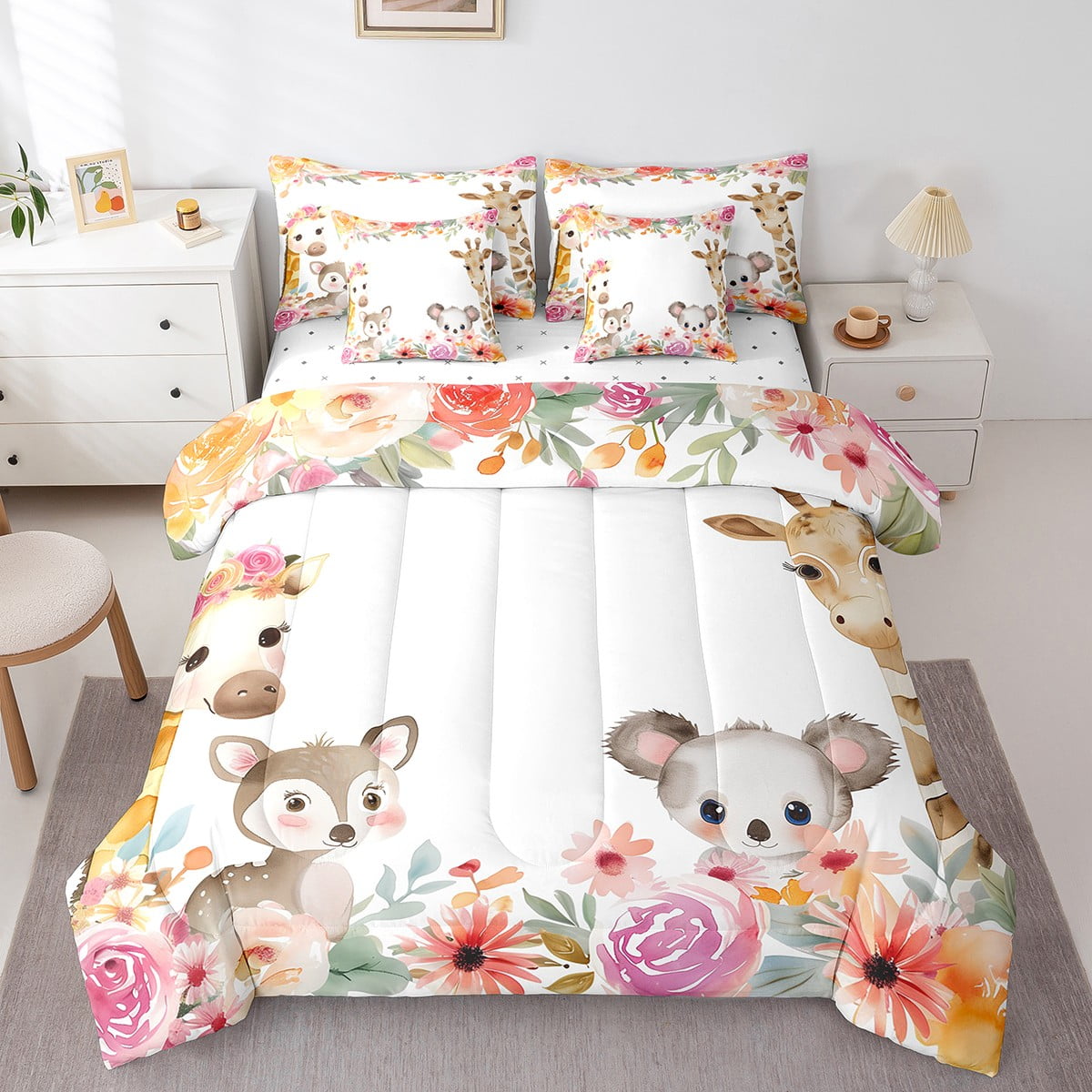 Kawaii King Comforter Set 7 Piece,Cartoon Giraffe Deer Koala Bed in a ...