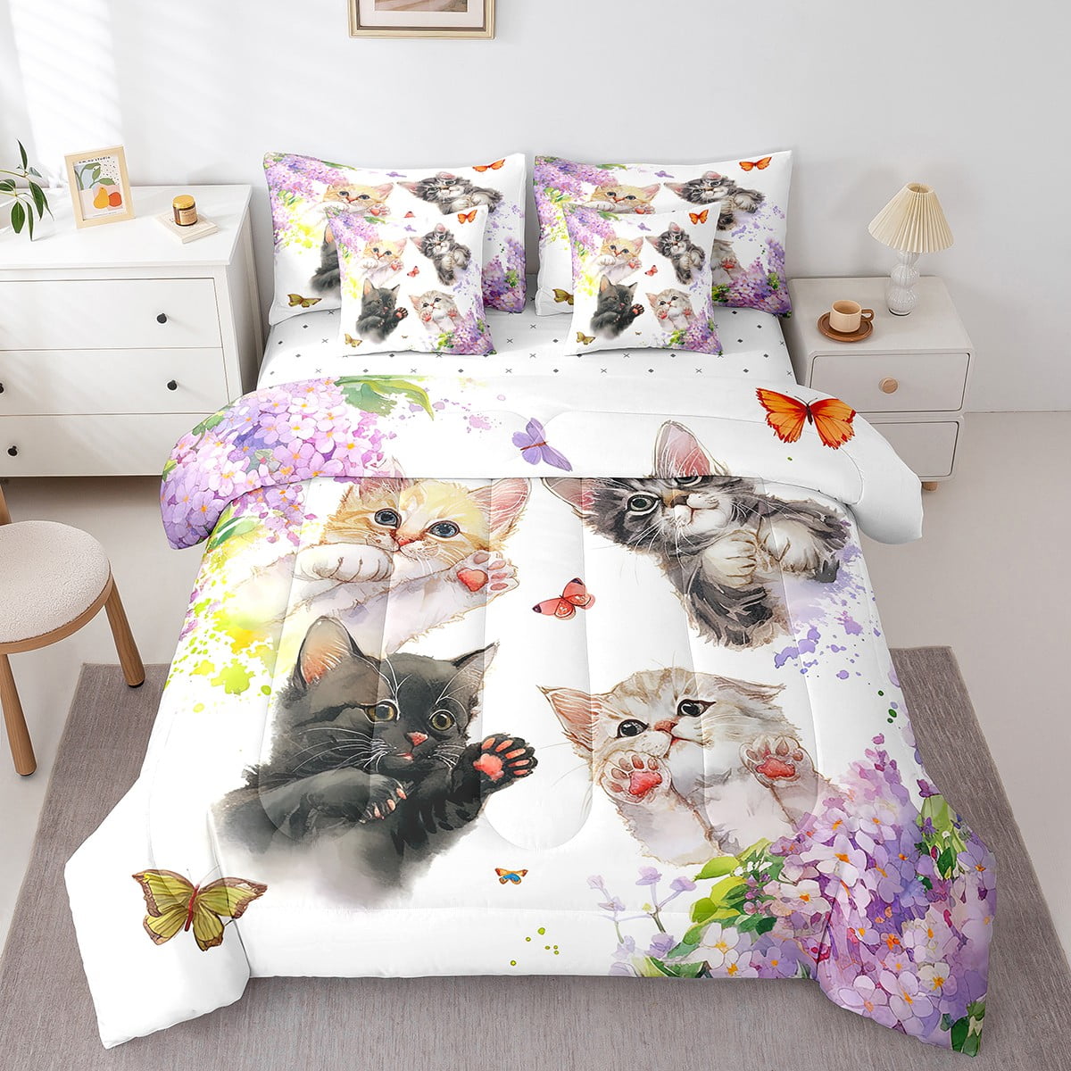 Kawaii Kitten Comforter Set 7 Piece Bed in a Bag Twin,Cute Cats Bedding ...