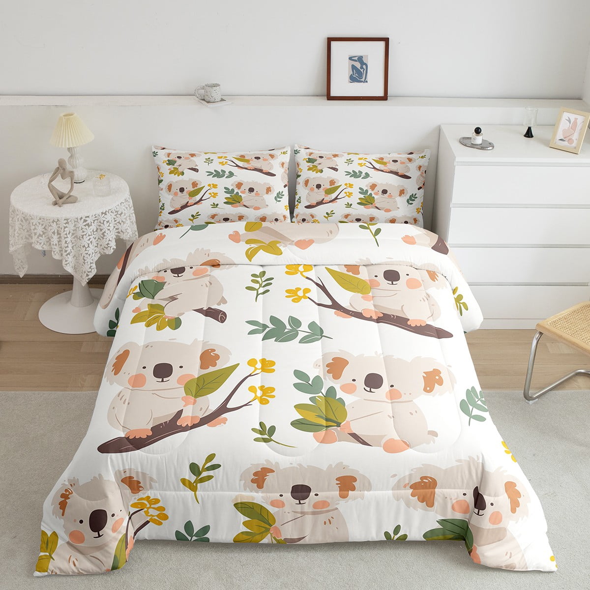 Kawaii Koala Bedding Set,Branches Leaf Comforter Set Room Decor,Lovely ...
