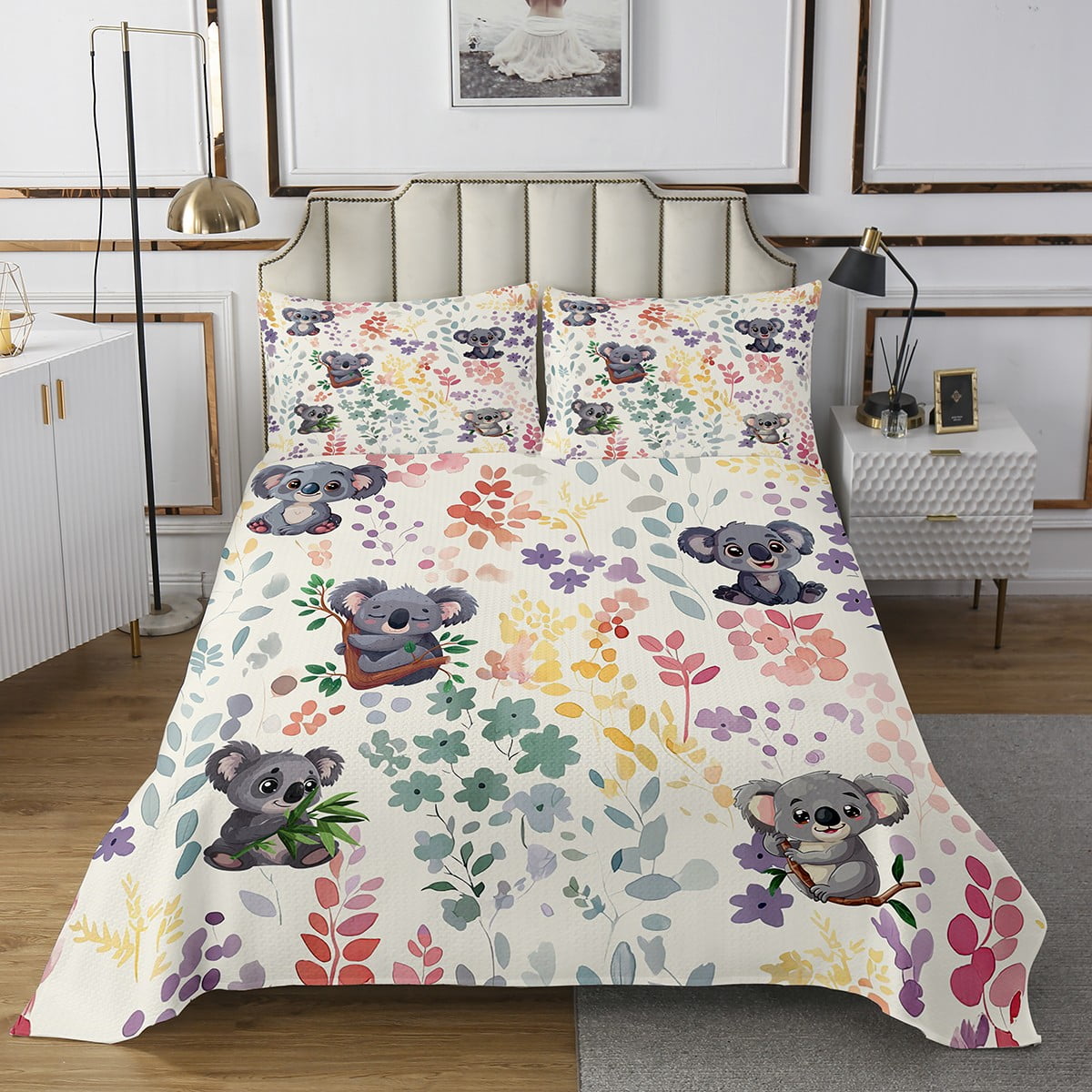 Kawaii Koala Quilt Set King Size,Cartoon Koala Flower Bedding Set,Cute ...