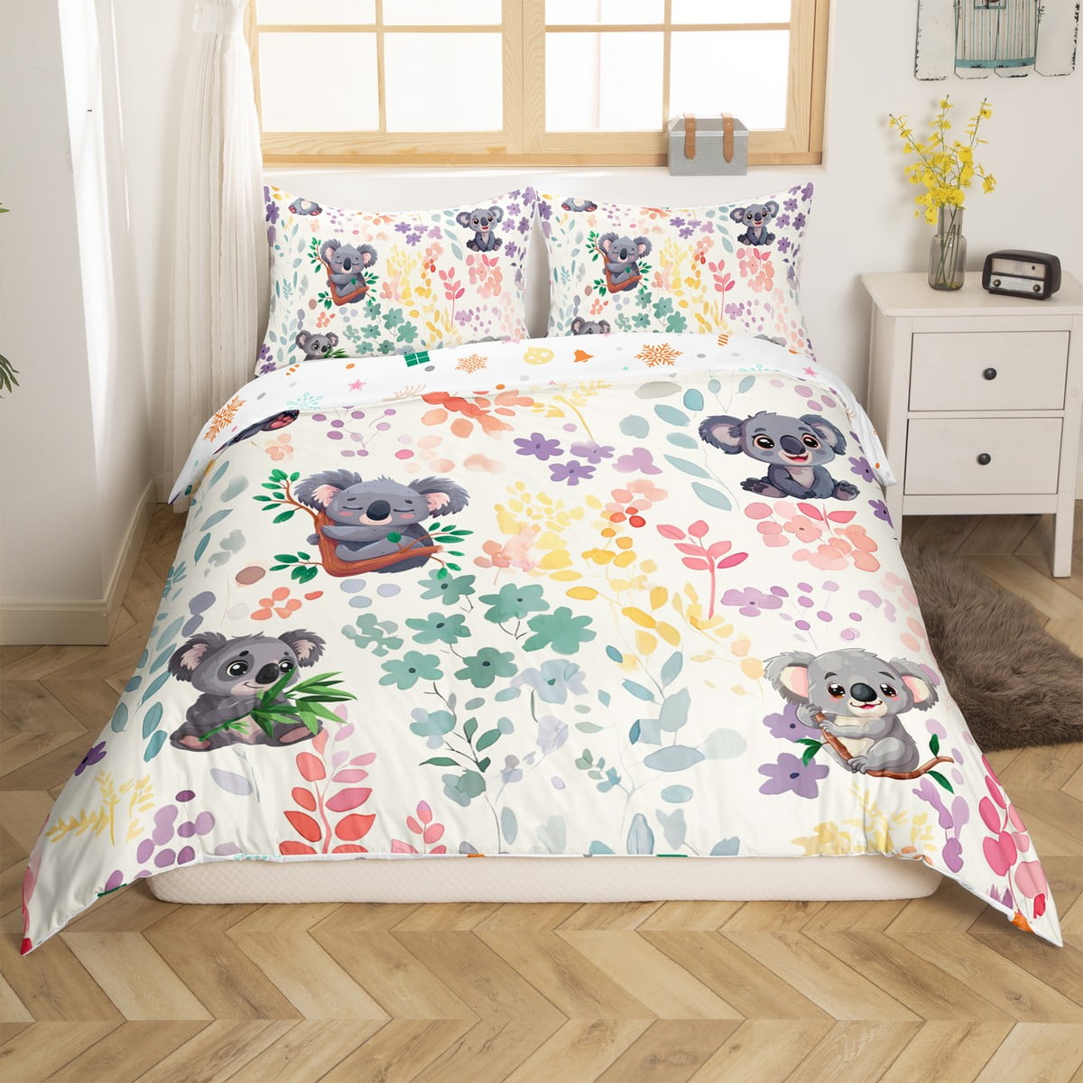 Kawaii Koala Bedding Set,Cartoon Koala Flower Duvet Cover,Cute ...