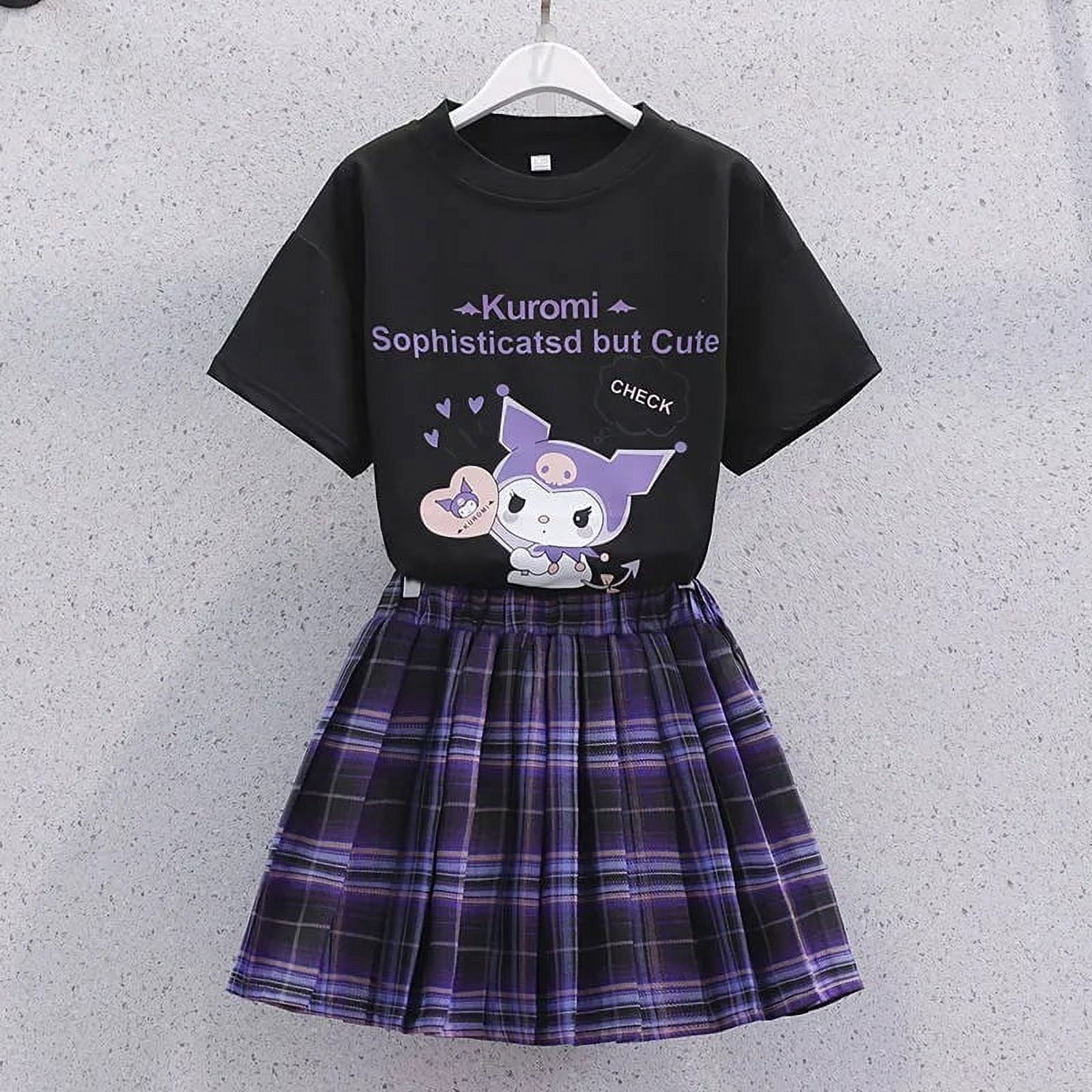 Kawaii Kuromi Short Sleeves Skirt Suit Sanrio Preppy Style T-shirt ...