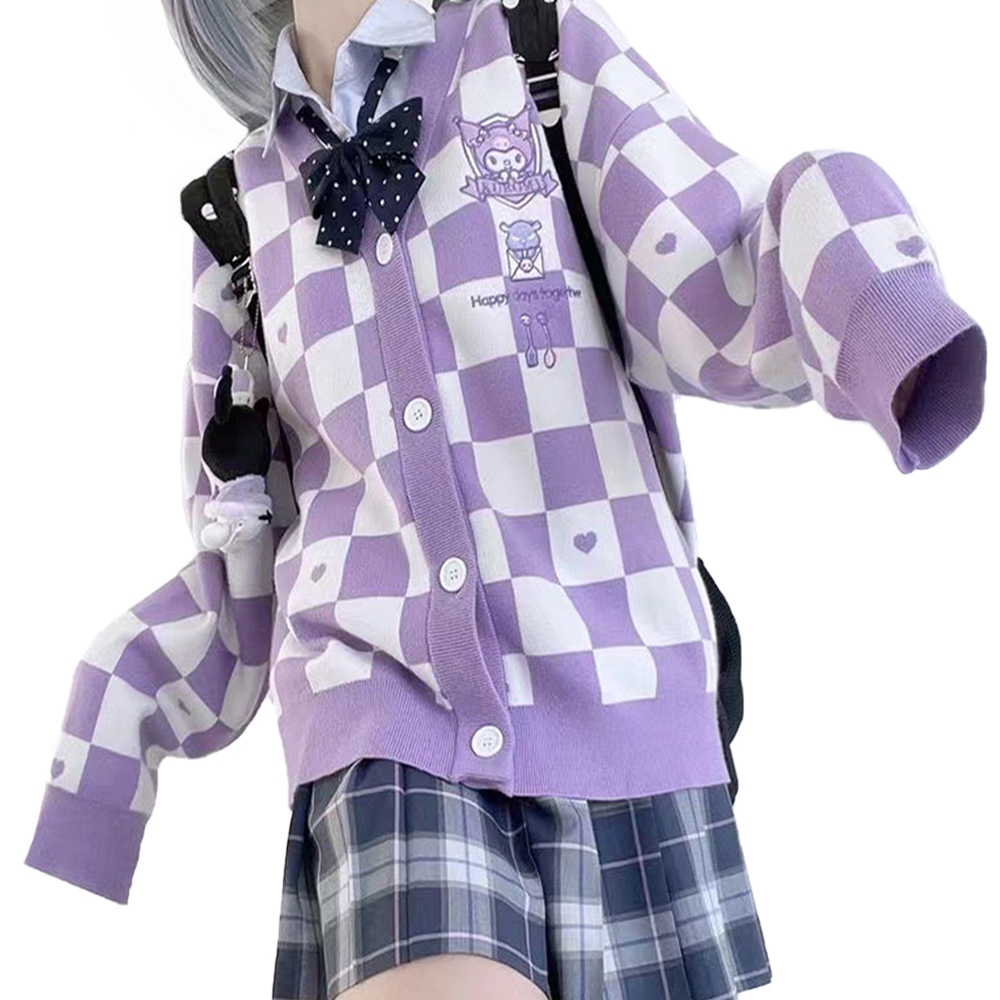 Kawaii Kuromi Sweaters for Women Cute Anime Plaid Knit Cardigan ...
