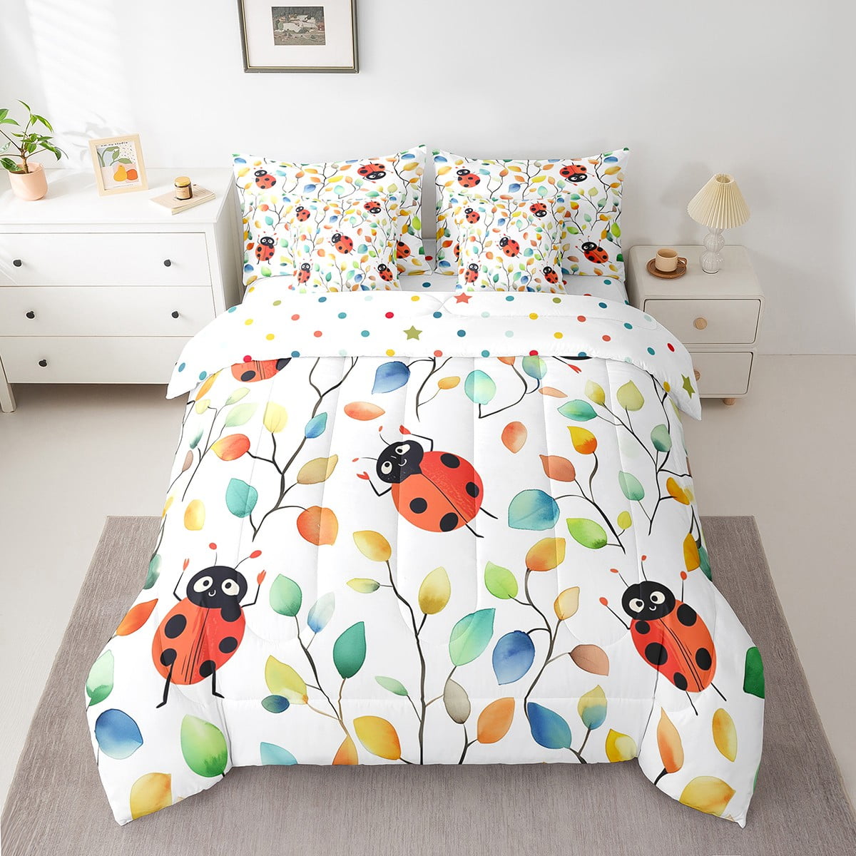 Kawaii Ladybug Twin Comforter Set 7pcs Chic Elegant Floral Bedding ...