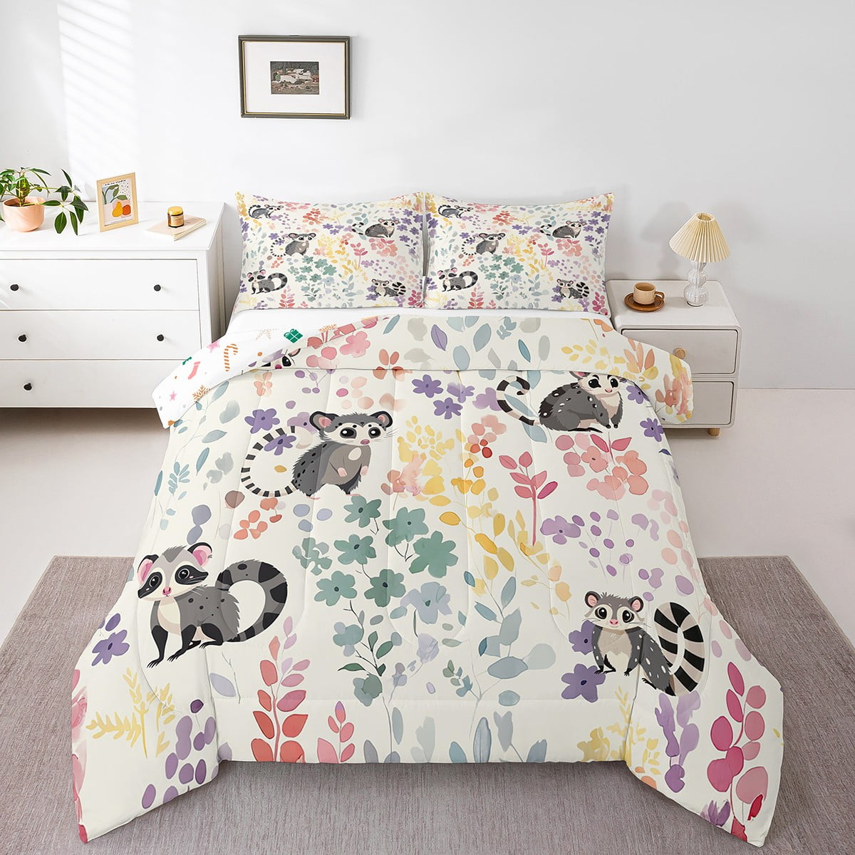 Kawaii Lemur Comforter Set Queen Size,Cartoon Lemur Floral Bedding Set ...