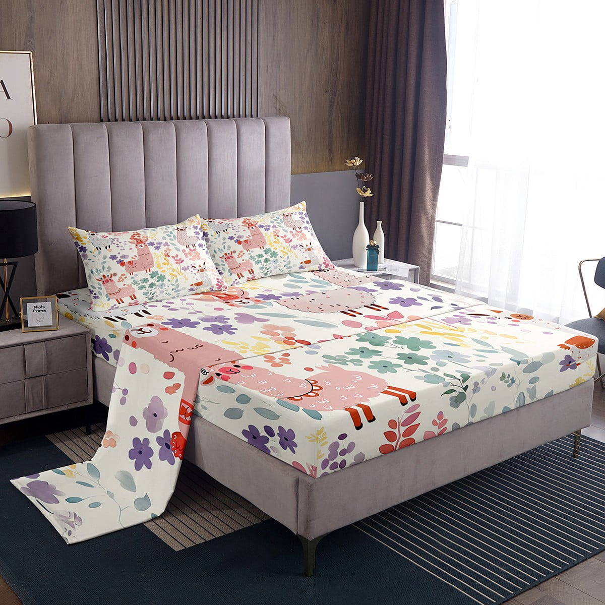 Kawaii Llama Bedding Set Twin Size,Cartoon Alpaca Floral Bed Sheets Set ...