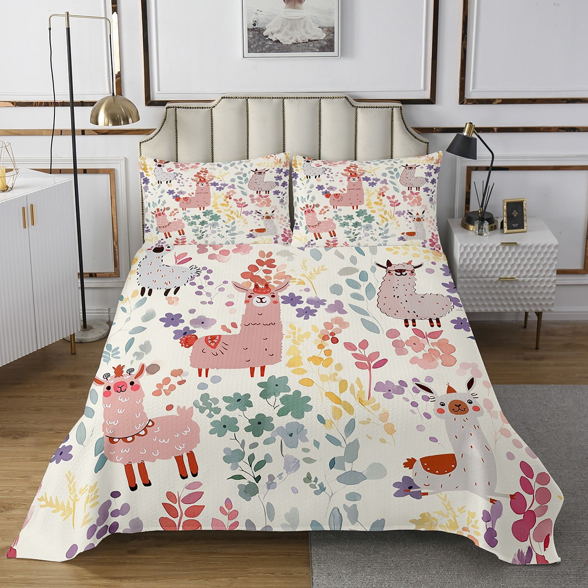 Kawaii Llama Quilt Set Twin Size,Cartoon Alpaca Floral Bedding Set,Cute ...