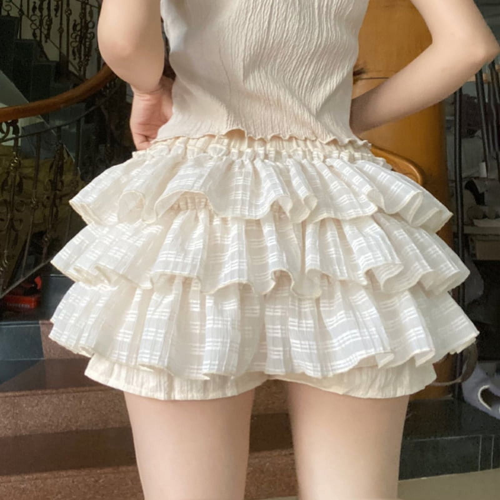 Kawaii Lolita Skirt Shorts Women Ruffle Patchwork Layered High Waist Balletcore Mini Skirt ...