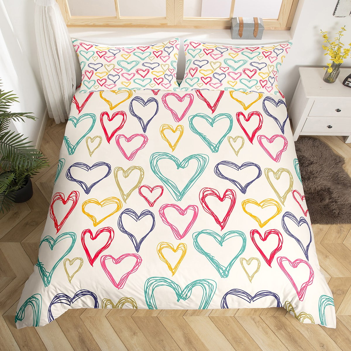 Kawaii Love Heart Comforter Cover Geometric Lines Bed Set, Hippie Hand ...