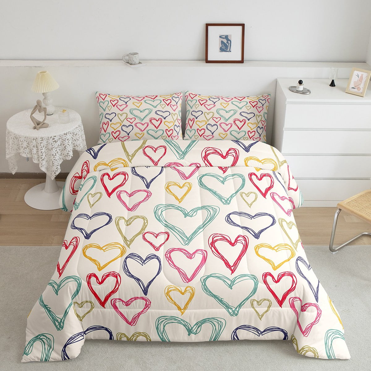 Kawaii Love Heart Comforter Set King Geometric Lines Bedding Set ...