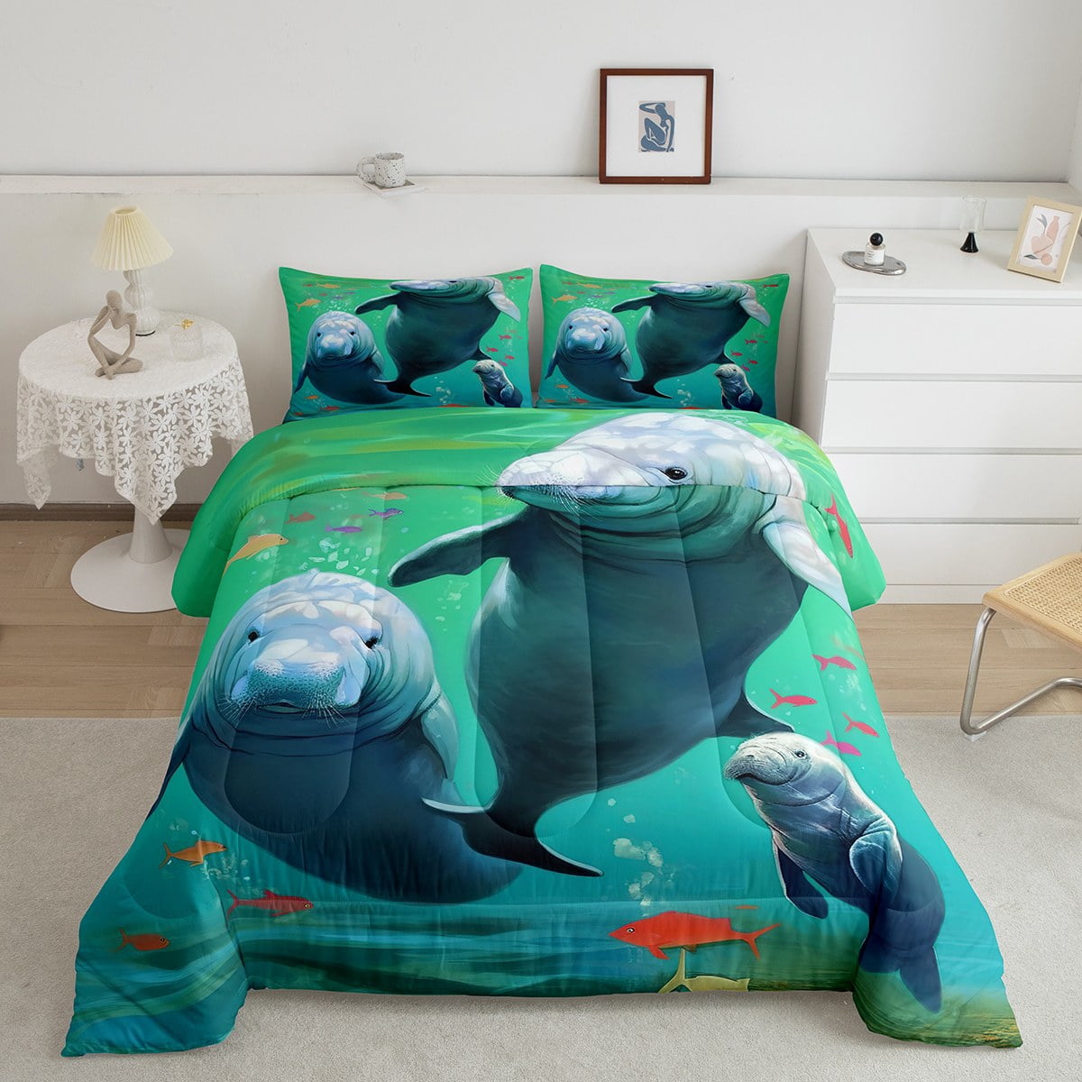 Kawaii Manatees Lover Comforter Set Full Size, Ocean Animals Bedding ...