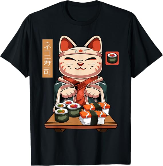Kawaii Maneki Neko Sushi Cat - Cute Nigiri Sashimi Maki Chef T-Shirt ...