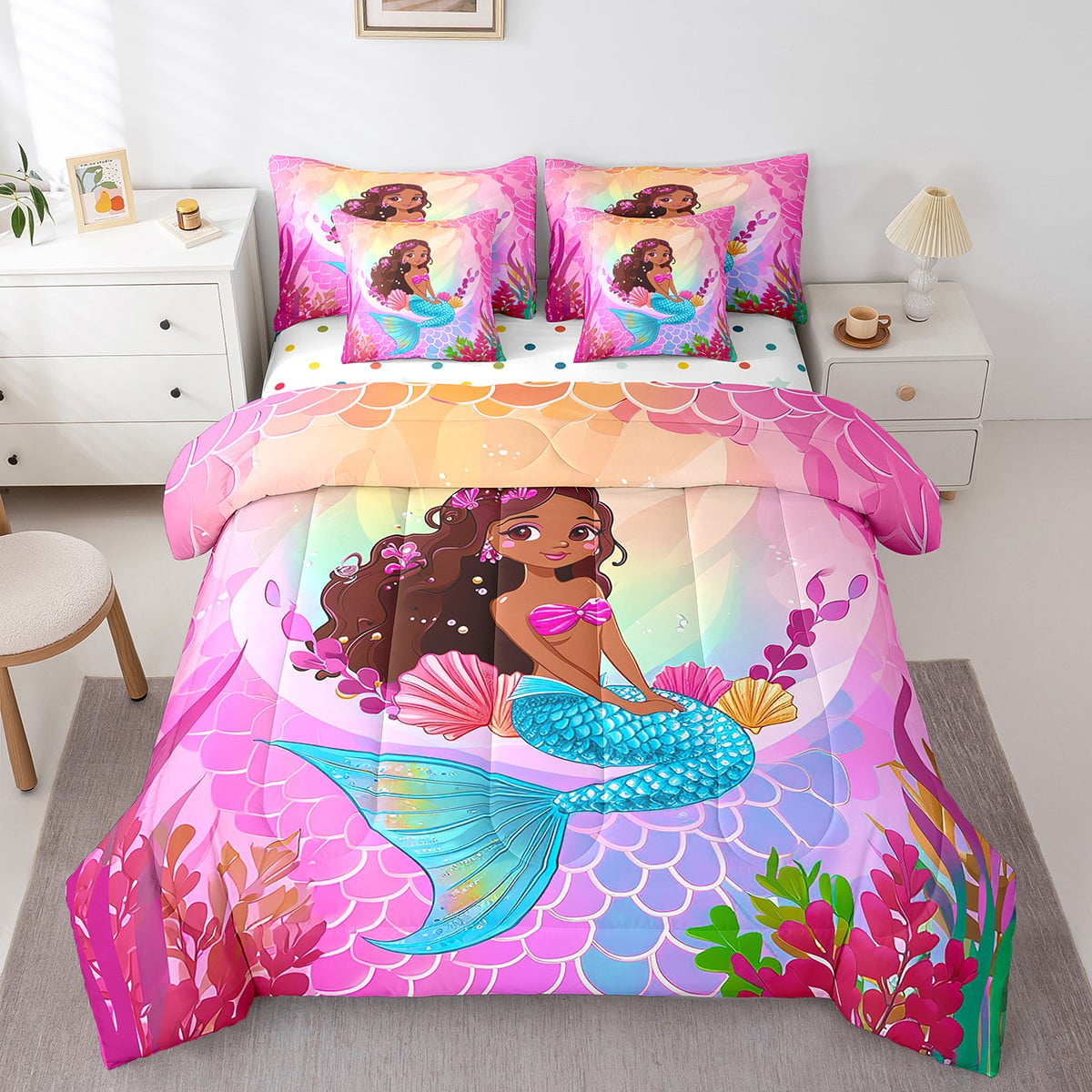 Kawaii Mermaid Bedding Comforter Sets 7-Piece Black Princess Bed in a ...
