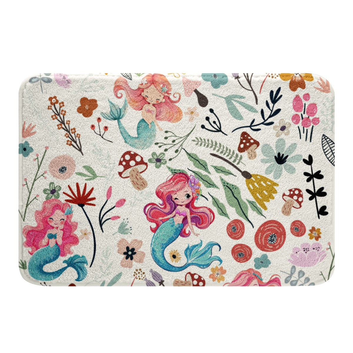 Kawaii Mermaid Shower Mat 20"x32",Mushroom Floral Kitchen Mat Cartoon ...