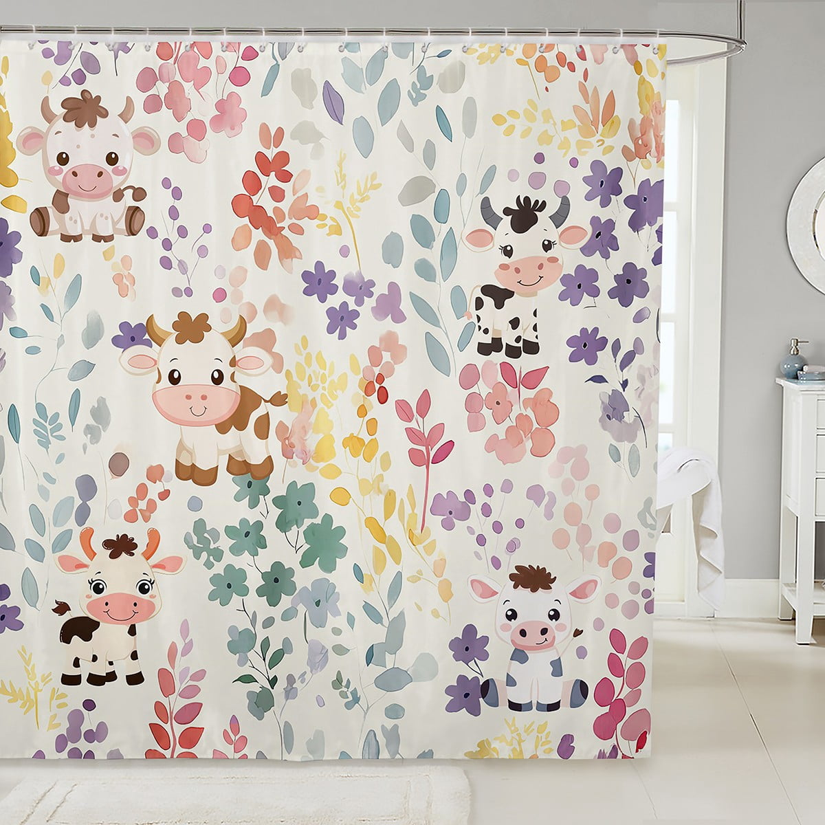Kawaii Milk Cow Bathroom Set,Farmhouse Cow Cattle Flower Shower Curtain ...