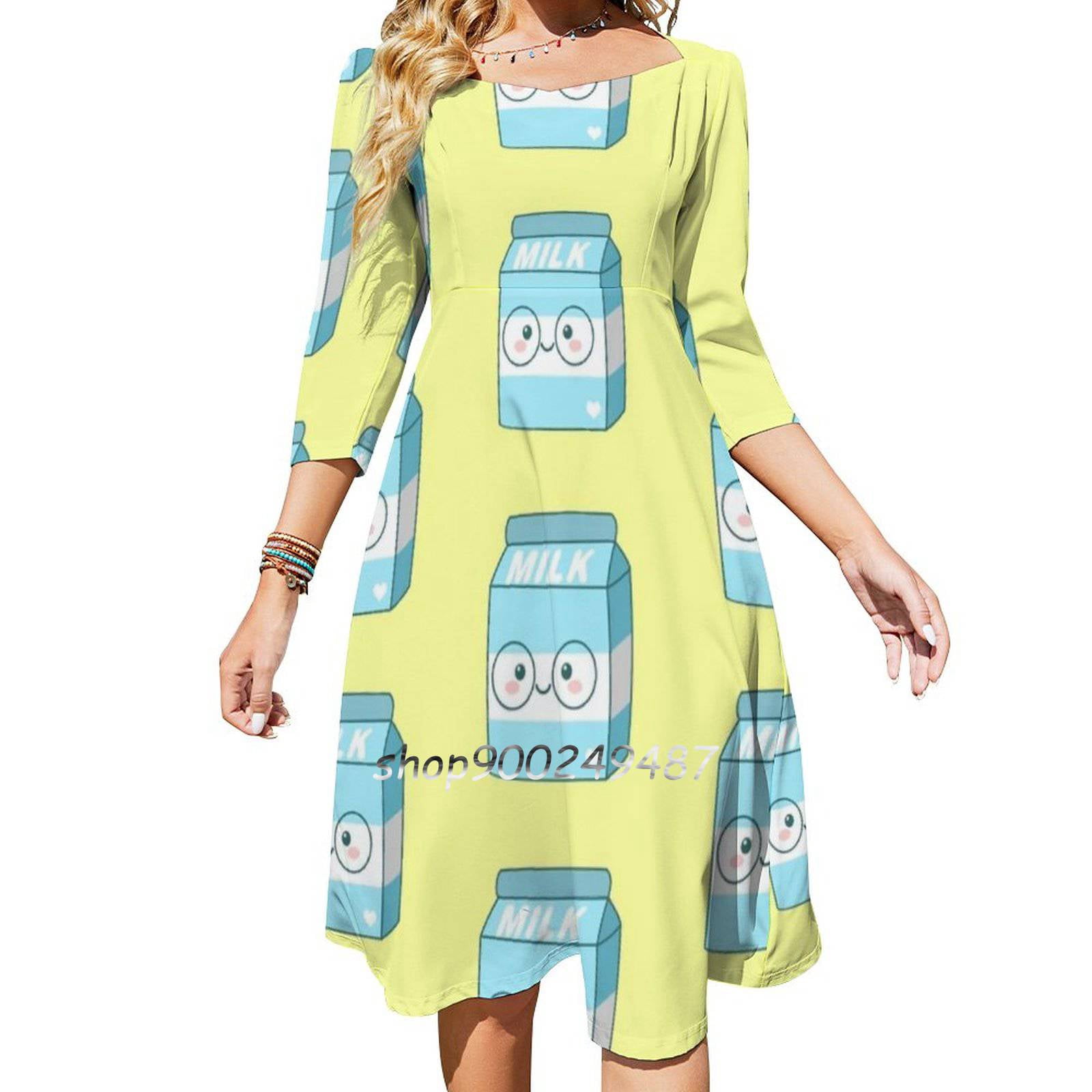 Kawaii Milk Sweet Elegant Dress Women Korean Kawaii Square Collar Dress ...