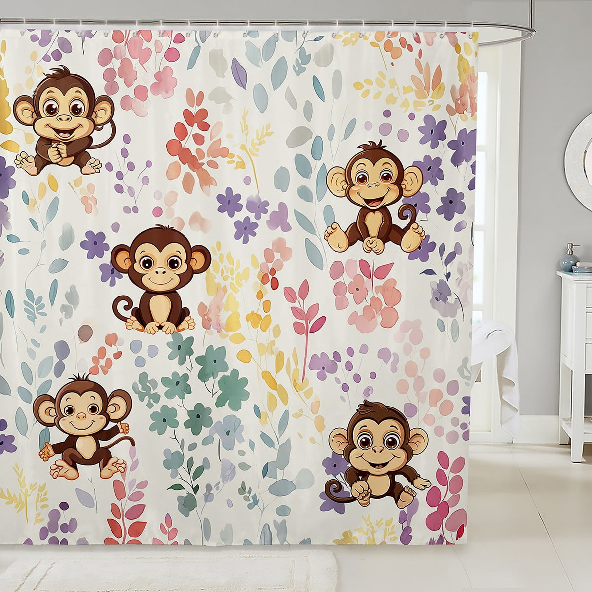 Kawaii Monkey Bathroom Set,Cartoon Monkey Flower Shower Curtain Set,Watercolor Floral Bathroom ...