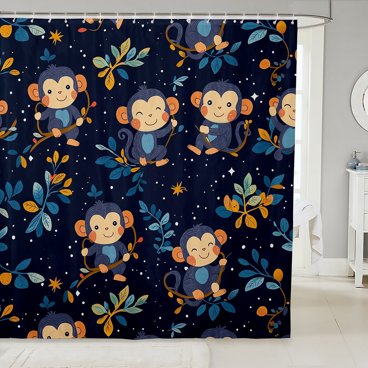 Kawaii Monkey Shower Curtain Waterproof Polyester Fabric Tropical Jugle ...