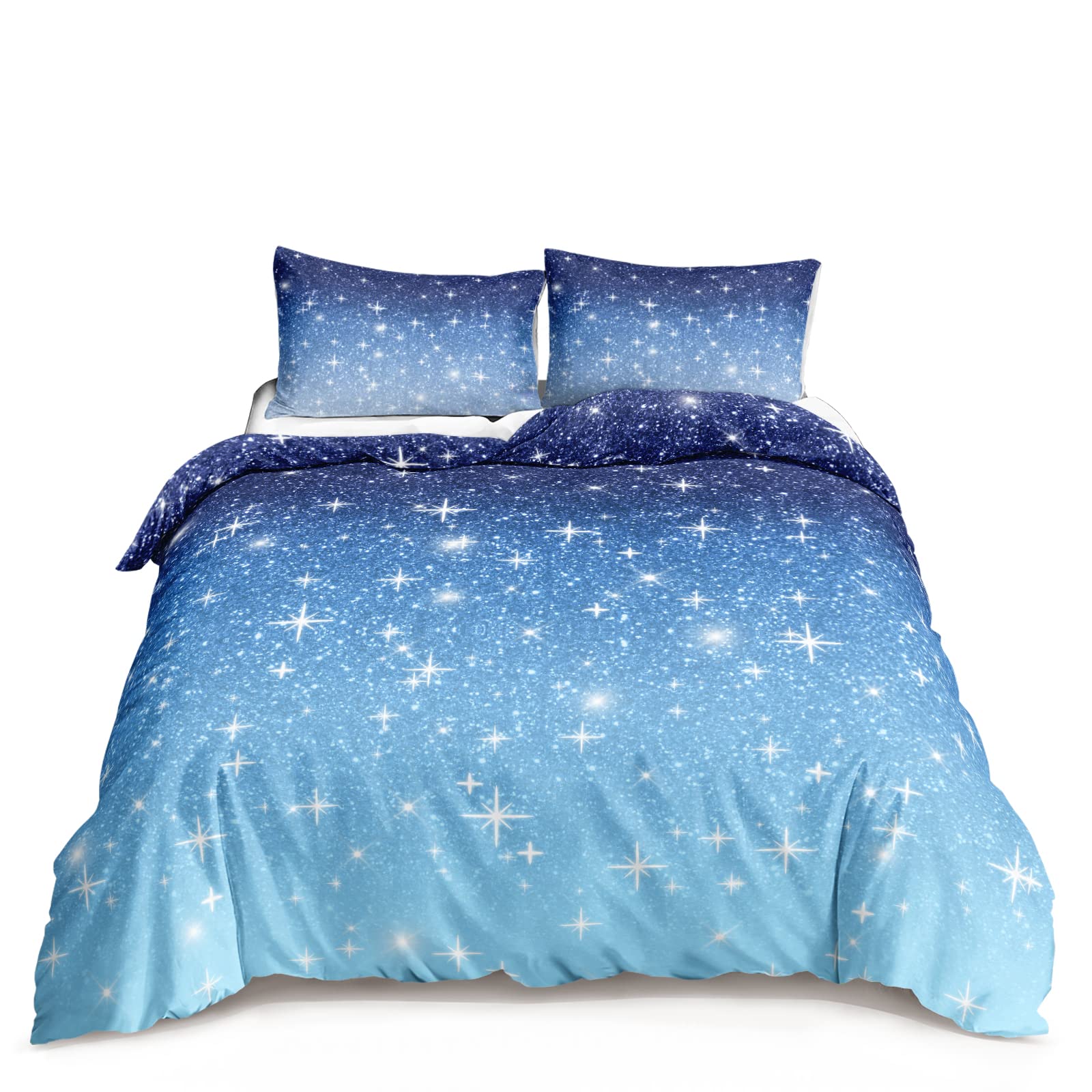 Kawaii Moon Starry Night Sky Duvet Cover Set Blue Pink Purple Star ...