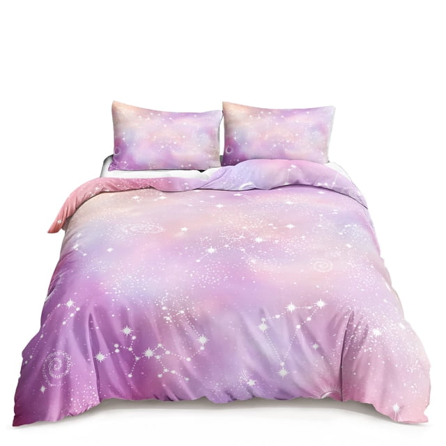 Kawaii Moon Starry Night Sky Duvet Cover Set Blue Pink Purple Star ...