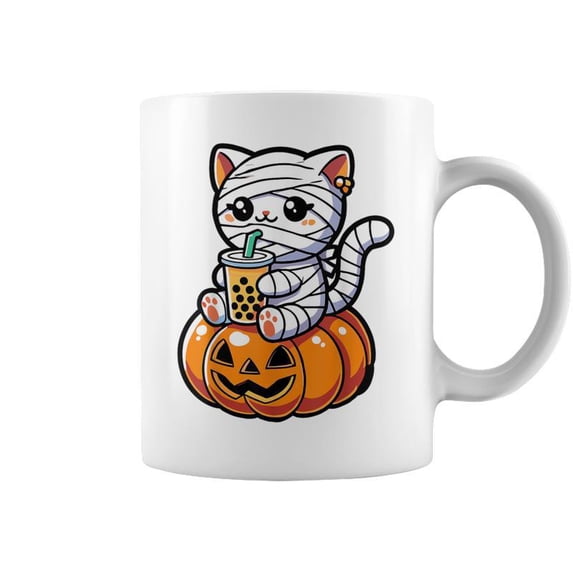 Kawaii Mummy Cat Drinking Boba Tea Halloween Pumpkin Coffee Mugs ...