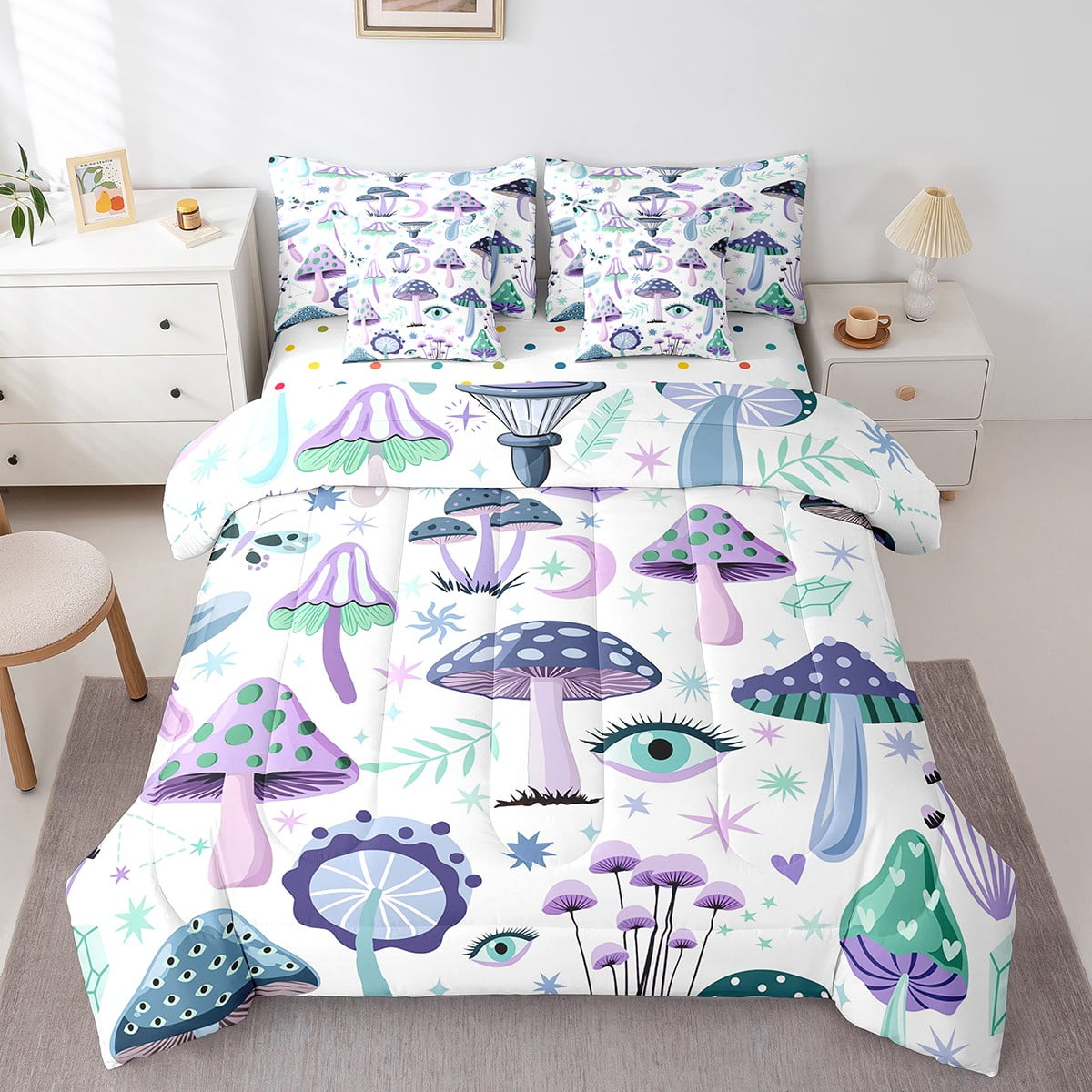 Kawaii Mushroom 7 Piece Full Comforter Set, Cartoon Eyes Moon Print Bed in a Bag Bedding Sets ...