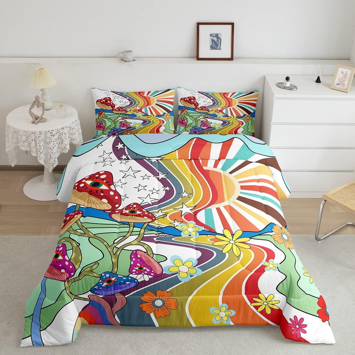 Kawaii Mushroom Bedding Set Full Boho Sun Bedding Comforter Sets Hippie ...