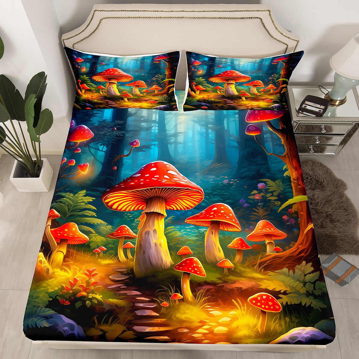 Kawaii Mushroom Bedding Set Queen Size,Cute Mushroom Fitted Sheet for ...