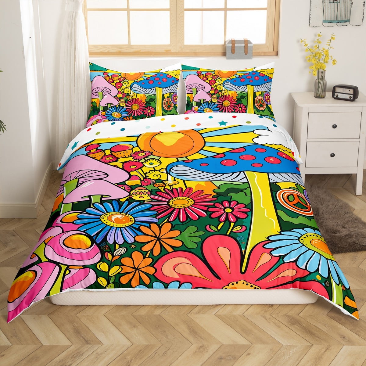 Kawaii Mushroom Bedding Sets Twin Boho Sun Comforter Cover Hippie ...