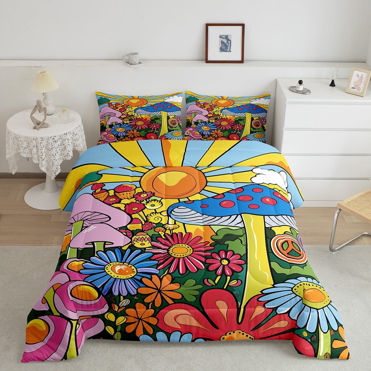 Kawaii Mushroom Comforter Set Full Boho Sun Bedding Set Hippie Groovy ...