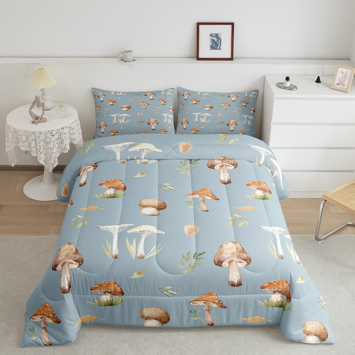 Kawaii Mushroom Comforter Set Full Botanical Plants Bedding Set ...